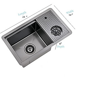 BRONSTARZ 24 Inch Nano Black Undermount Hidden Bar Sink with Glass Rinser 24x14 Stainless Steel Undermount Workstation Sink Bar Prep Sink 16 Gauge Single Bowl Undermount Kitchen Sink with Cup Washer