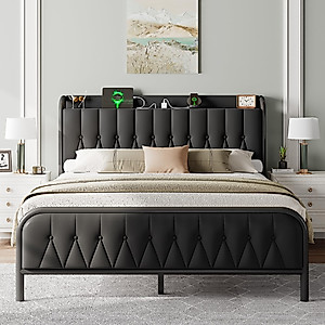 Einhomn Queen Bed Frame with Charging Station, Platform Bed with Faux Leather Upholstered Storage Headboard & Footboard, 12" Underbed Space, Noise-Free, Easy Assembly, No Box Spring Needed, Black