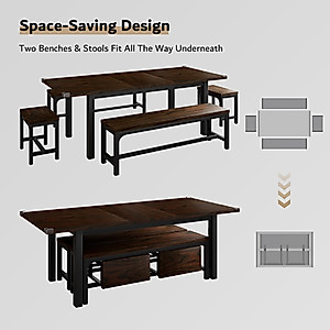 iPormis 5-Piece Dining Table Set for 4-8 People, Extendable Kitchen Table Set with 2 Benches and 2 Square Stools, Mid-Century Dining Room Table with Metal Frame & MDF Board, Saving Space, Espresso
