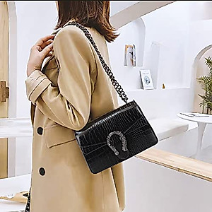 Crossbody Shoulder Bag for Women Luxurious Snake Print Leather Chain Tote Evening Square Handbag Satchel Purse Black