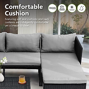 Olaterior 3 Piece Patio Furniture Set, Outdoor Sectional Sofa, All-Weather Black PE Wicker Rattan Patio Conversation Set with Cushion & Coffee Table, Modern Outdoor Couch for Lawn Porch Backyard, Grey