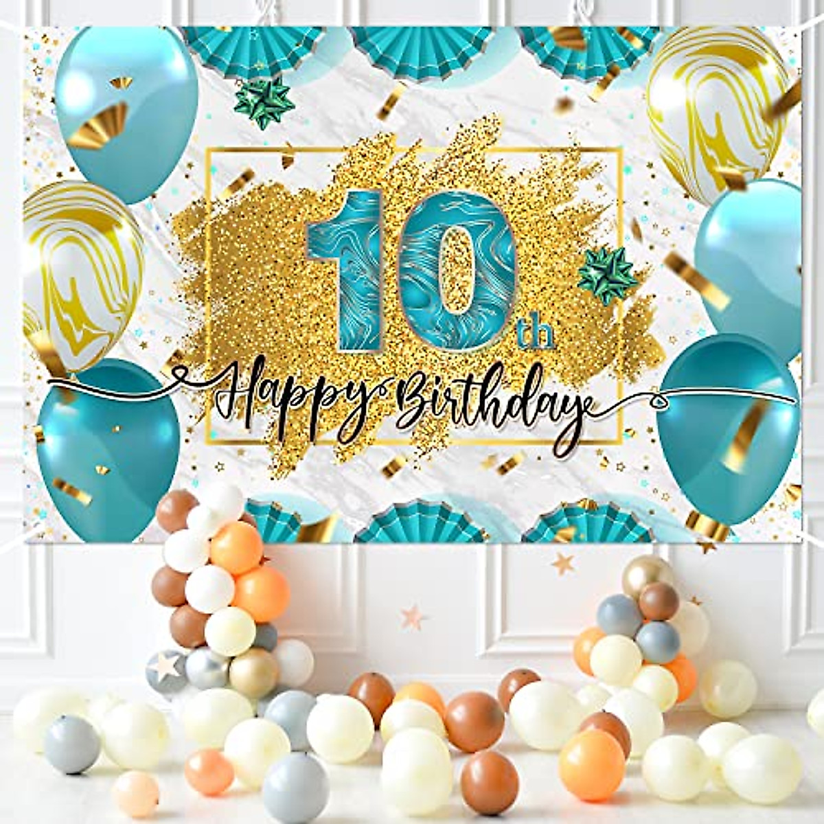 NC Teal Gold Happy 10th Birthday Backdrop Banner Decorations 10 Years Old Bday Background for Girls Boys Photography Party Decor Supplies Glitter