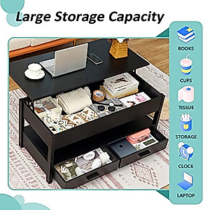 usikey Lift Top Coffee Table, Coffee Tables with 2 Storage Drawer and Hidden Compartment Open Shelf, Retro Wood Central Coffee Table with Lift Tabletop for Living Room, Black