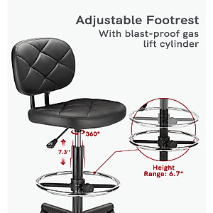 KLASIKA PU Leather Rolling Stool with Foot Rest and Back Support, Adjustable Diamond Upholstered Drafting Chair with Wheels, Multi-Purpose Desk Chair for Home Office Bar Kitchen Shop, Black (1PK)