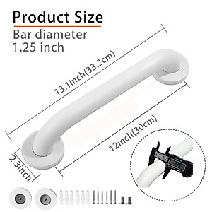 Rackickyer Shower Grab Bar, 2 Pack 12 Inch White Bathroom Grab Bar, 1.25" Diameter 304 Stainless Steel Anti-Slip Grab Bars for Bathtubs and Showers, Handicap Shower Grab Bar for Seniors Elderly