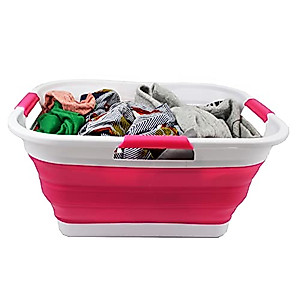SAMMART 30L(8 gallon) Collapsible Plastic Laundry Basket - Foldable Pop Up Storage Container/Organizer - Space Saving Hamper/Basket - Water Capacity 24L(6.3 gallon) (White/Rose Pink)