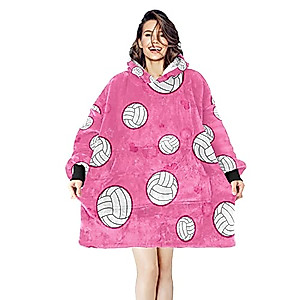 Volleyball on Pink Sherpa Wearable Blanket Cozy Fleece Hoodie with Large Pocket for Women Mom Adults