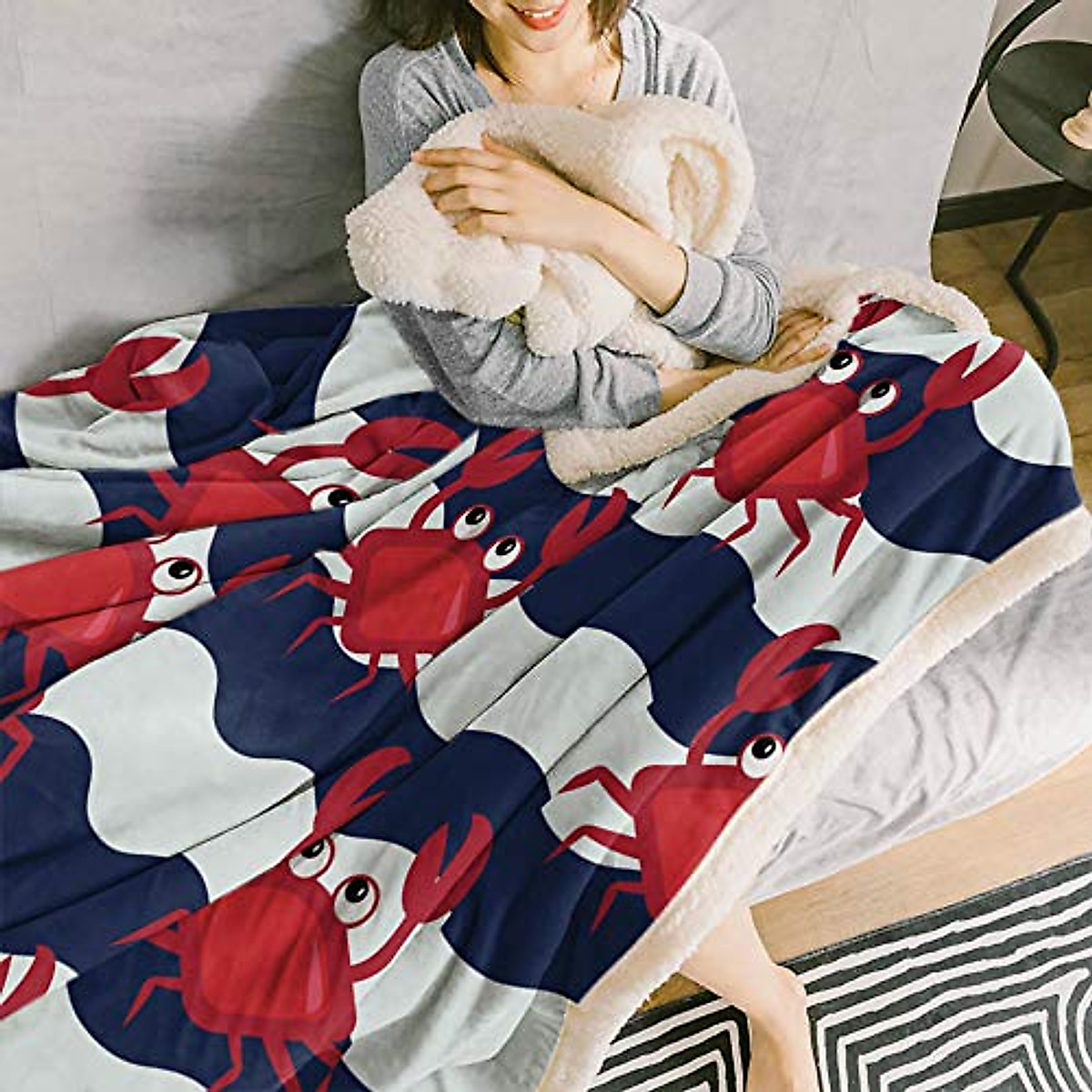 Big buy store Sherpa Flannel Throw Blankets Red Crab Luxury Plush Thick Blanket Reversible Soft Warm Bed Blanket for Couch Sofa Blue Chevron Zig Zag 40 x 50 inch