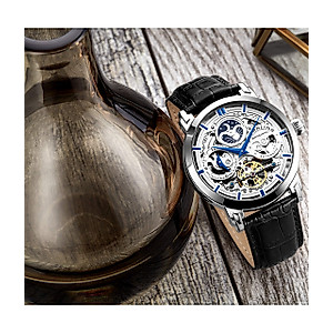 Stuhrling Original Legacy Men's Automatic Watch Stainless Steel 46 MM Case Genuine Leather Strap Watch Black (Silver)