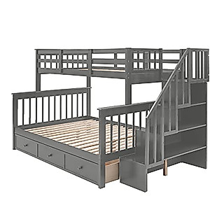LZ LEISURE ZONE Twin Over Full Bunk Bed with Drawers, Solid Wood Bunk Bed Frame with Stairway, Storage & Guard Rail for Bedroom Dorm, Gray