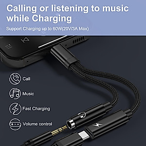 Samsung Galaxy S23 Headphone Adapter, 2 in 1 USB C to 3.5mm Aux Audio Jack with 60W Fast Charging Dongle Cable for Galaxy S24 S23 Ultra S22 S21 A14 A54 A13 Flip5, iPhone 15/15 Pro Max, Pixel 8 7 6 5 4