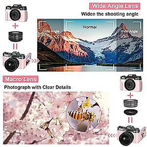 Digital Cameras for Photography, 4K 56MP Vlogging Camera for YouTube with WiFi, Manual Focus, 16X Digital Zoom, 52mm Wide Angle Lens & Macro Lens, 32GB TF Card and 2 Batteries(Pink)