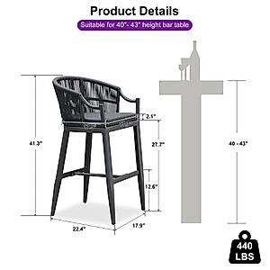 PURPLE LEAF Patio Bar Stools Set of 2 Outdoor Wicker Modern High Bar Chairs Metal Cushioned Barstools with Backs and Ergonomic Armrest for Balcony Garden Indoor Kitchen Island, Gray