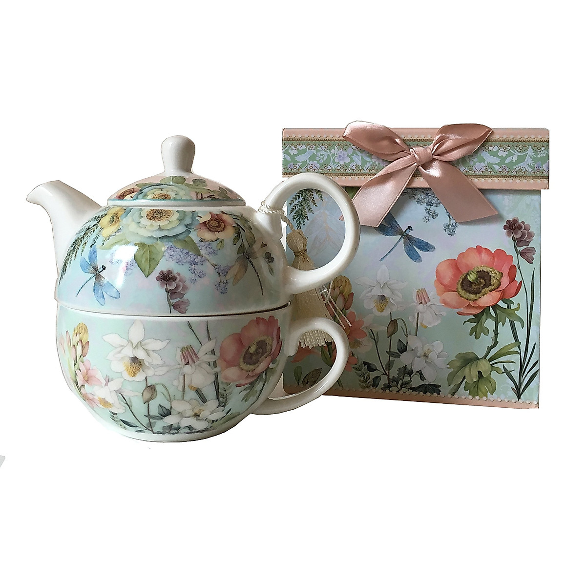 Delton Products 5.8" Porcelain Tea for One in Gift Box, Dragonfly