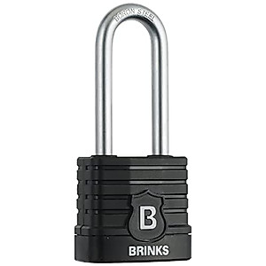 BRINKS - 44mm Commercial Laminated Steel Weather Resistant Padlock with 2 3/8” Shackle - TPE Wrapped and Hardened Boron Steel Shackle