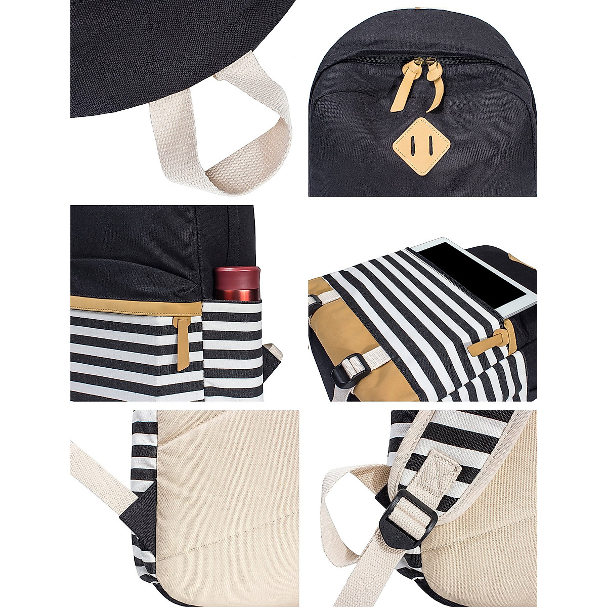 Leaper Navy Style School Laptop Backpack Girls Striped Canvas Bookbag Black