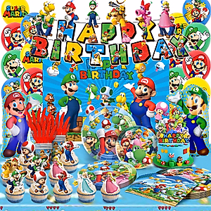 117Pcs Birthday Party Supplies - Birthday Decorations Kit for Boys Kids Including Balloons, Banner, Tableware, Swirls, Tablecloth, Plates, Cutlery, Forks, Spoons, Knife & Napkins (Buy This)