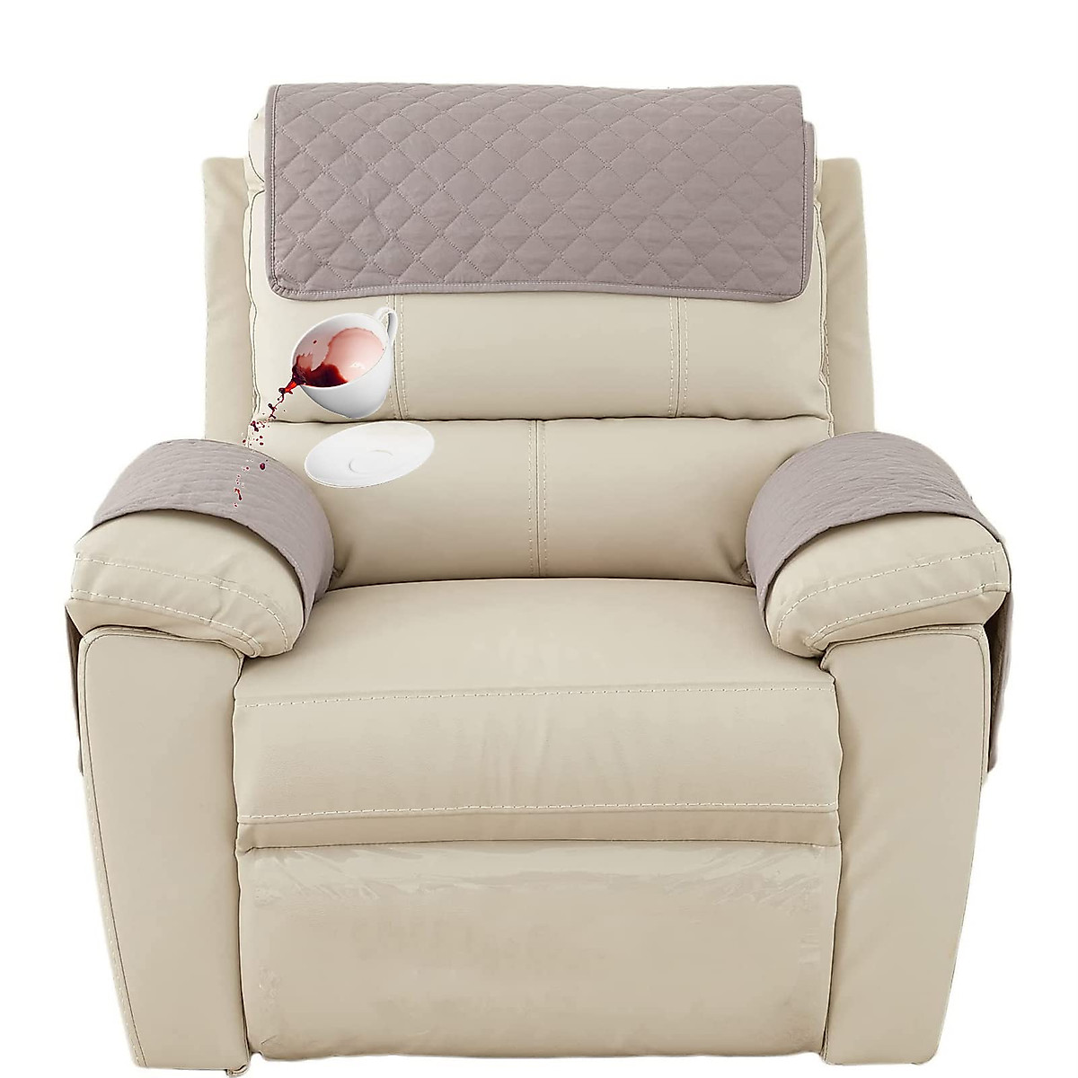 Sofa Armrest Cover, Water Proof 1/2/3 Seater Sofa Headrest Slipcovers Quilted Nonslip Removable Armchair Cover Furniture Protector for Recliner Leather Sofa Couch (Light Gray,3 Seat Recliner 5 pc)