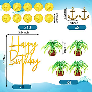 32 Pcs Pirate Ship Cake Topper Nautical Sailboat Model Decoration Set Gold Coins and Pirate Gems Kids Telescope Pirate Treasure Chest Compass Mini Palm Tree for Kids Pirate Birthday Party Supplies