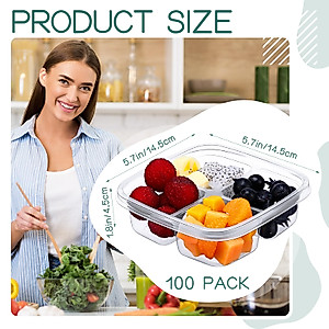 Domensi 100 Pcs 4 Compartment Food Containers Clear Plastic Bento Boxes Snack Meal Box Containers with Lids Divided Food Storage Containers for Adults School Work Travel, 5.7 x 5.7 x 1.8 Inch