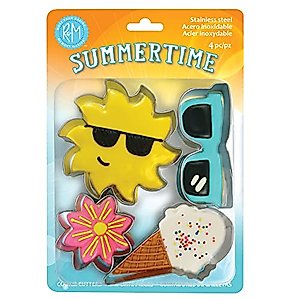 R&M International 5106 Summer Time Cookie Cutters, Ice Cream Cone, Sunshine, Sunglasses, Flower, 4-Piece Set,Silver