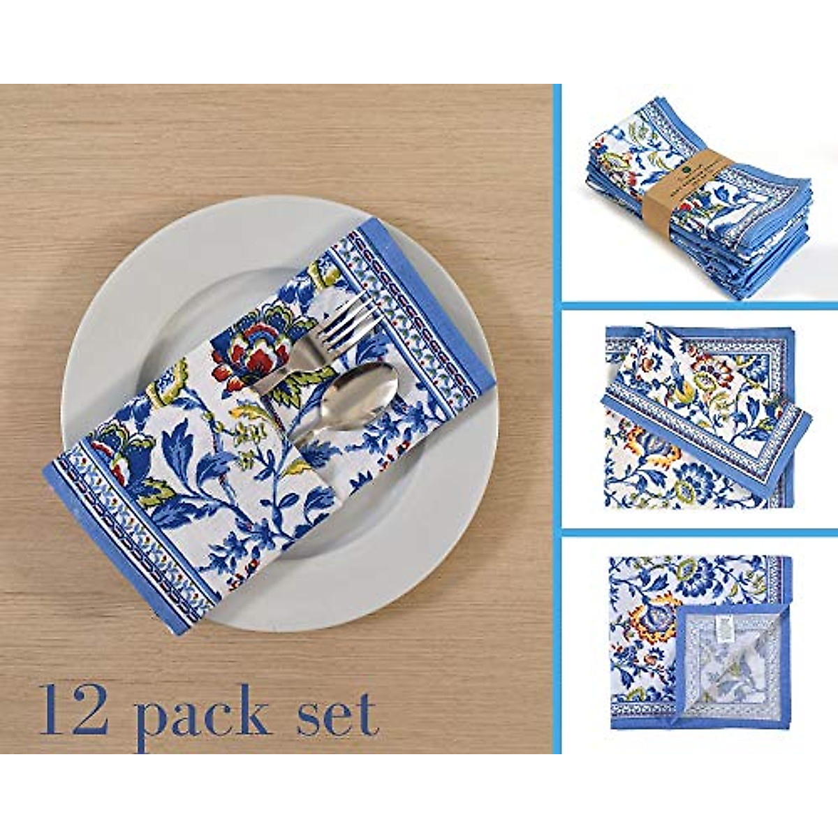 Cloth Napkins Set of 12 Cotton Linen Blend Printed Dinner Napkins Perfect for Parties Dinners Weddings Cocktail Christmas Napkins Cloth 20x20 Blue Floral