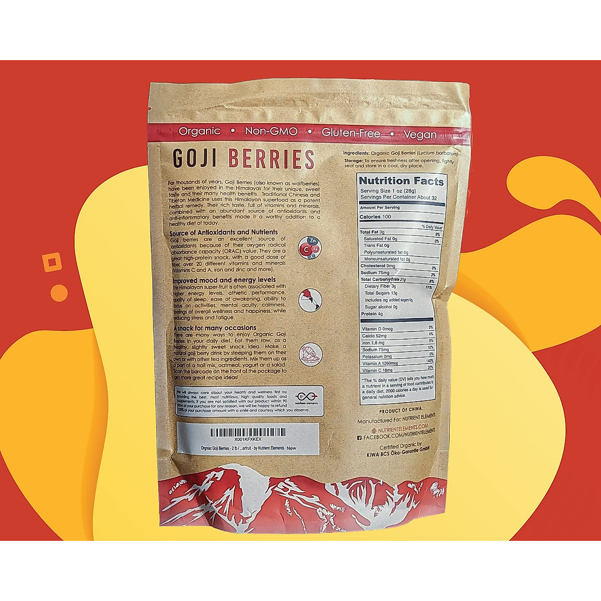 2lbs Organic Raw Dried Goji Berries - USDA Certified, Non GMO, Large Berries with Recipes E-Book - by Nutrient Elements