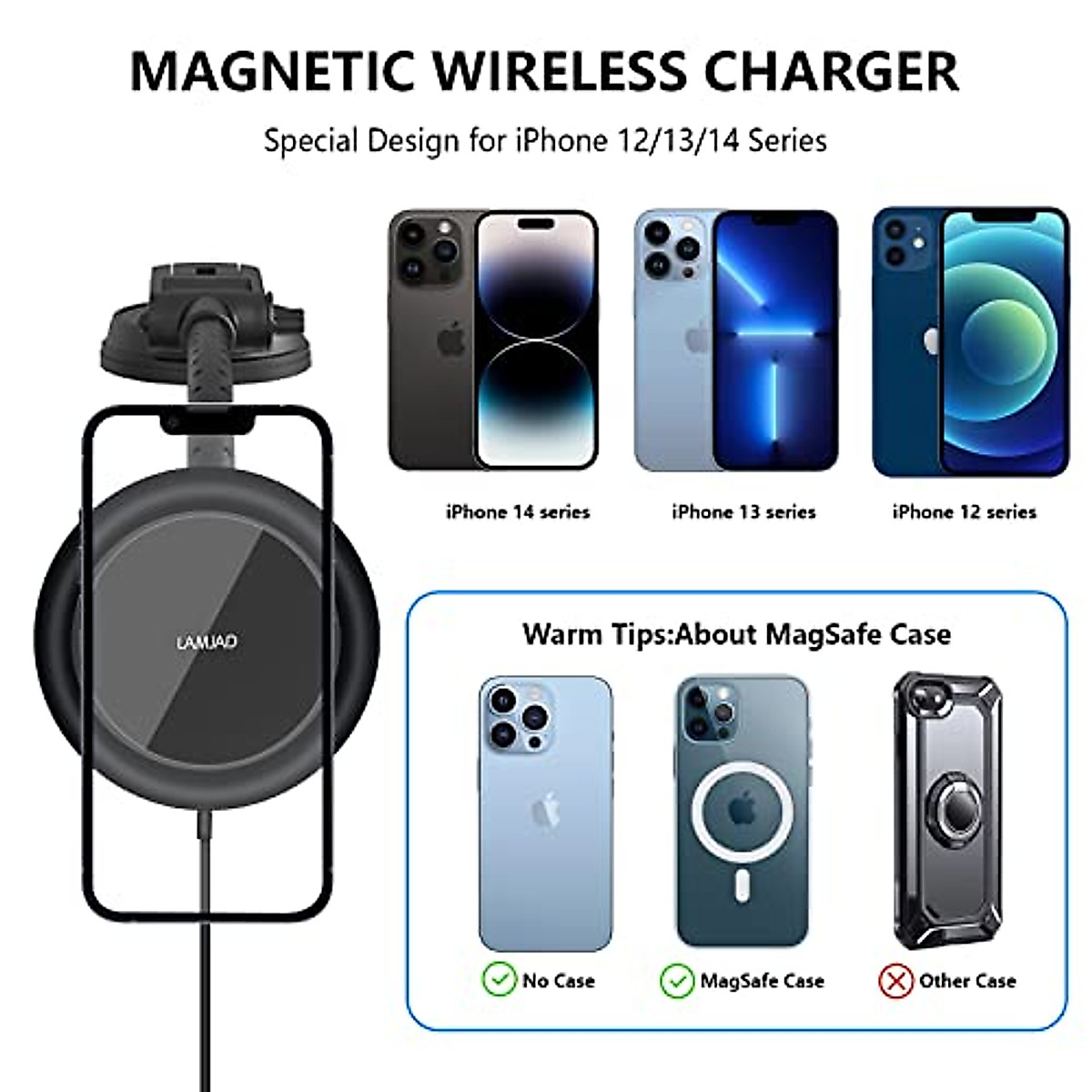 LAMJAD M8 Magnetic Wireless Car Charger, Fast Charging, Compatible for MagSafe Car Charger,iPhone 14/13/12 Series,Air Vent Dashboard Car Mount Phone Holder