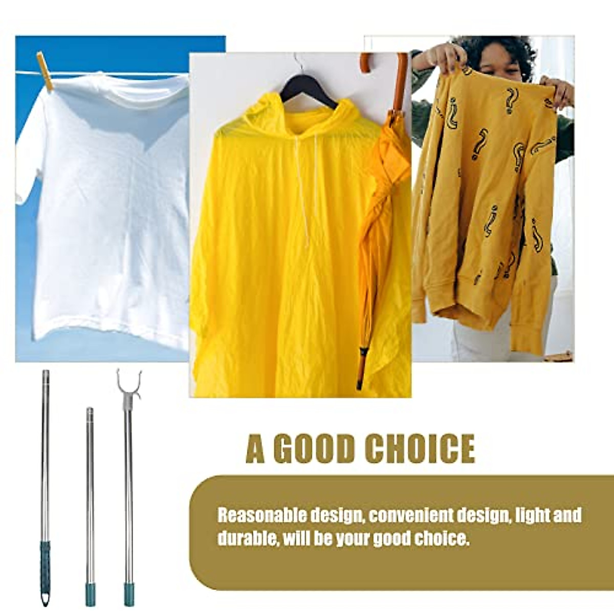 Abaodam 3pcs stitching clothes rail professional dresses specialty tools accessories outdoor closet hooks reach closet pole reach pole hook Clothes Drying Rod Sturdy Clothes Pole CD