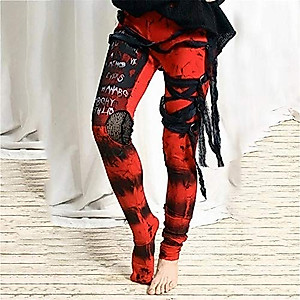 Aniywn Women's Gothic Lace Up Leggings Skinny Pants High Waist Slim Rocker Distressed Punk Leggings Red