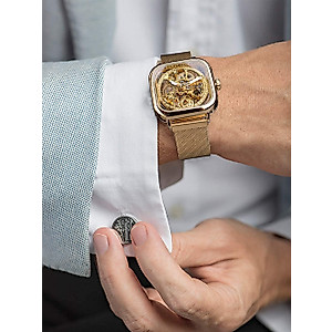 FORSINING Fashion Automatic Mechanical Wrist Watch Golden for Mens Waterproof Watches with Stainless Steel Skeleton Transparent Dial with Royal Flower Movement Carving