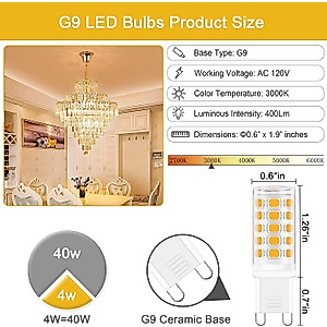 Sailstar G9 LED Bulb, 3000K Soft White, G9 Bulb 40W Equivalent, G9 LED 360° Beam Angle 400LM No Flicker 120V, G9 Bi-pin Ceramic Base, 4W G9 LED Light Bulbs for Chandelier, 6 Pack, Non-dimmable