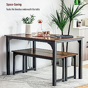 NAFORT 3-Piece Dining Table Set for 4, Kitchen Table with 2 Benches, 43.5’’ Space Saving Dining Room Table with Metal Frame & Solid MDF Wood Board, Ideal for Home, Restaurant, Patio Outdoor
