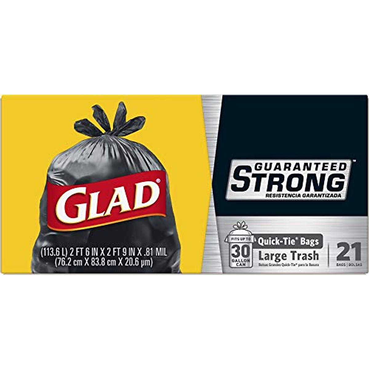 GLAD Strong Quick-Tie Large Trash Bags, 30 Gallon Bags for Large Kitchen Trash Can, 21 Count (Package May Vary)
