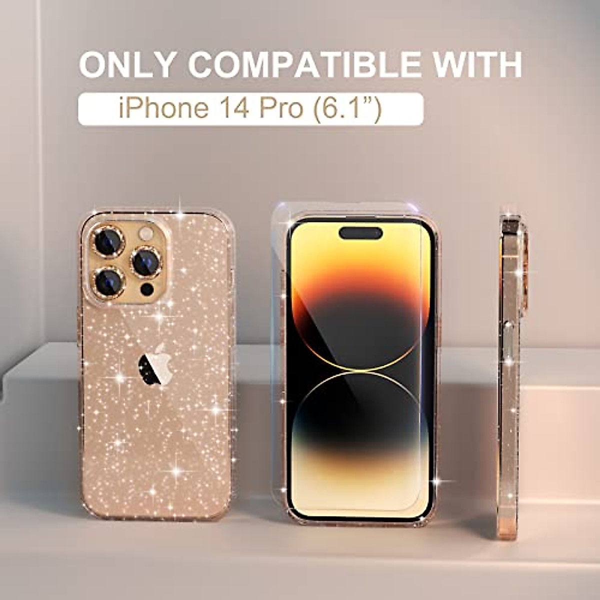 Choiche Compatible for iPhone 14 Pro Case Cute, Women Clear Glitter Bling Sparkly Case, [3 x Diamond Camera Lens Protectors] [2 x Tempered Glass Screen Protectors] 6.1-inch (Glitter Gold)