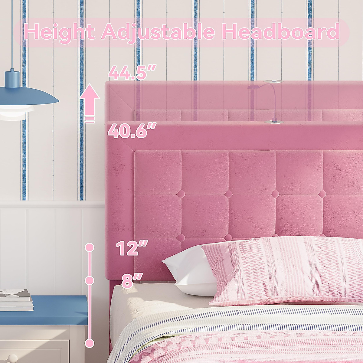 ANCTOR Twin Bed Frame with USB Ports, Velvet Upholstered Platform Bed with Height Adjustable Headboard, Heavy Duty Metal Support Legs, Stable, Durable, No Box Spring Needed, Noise-Free, Easy Assembly