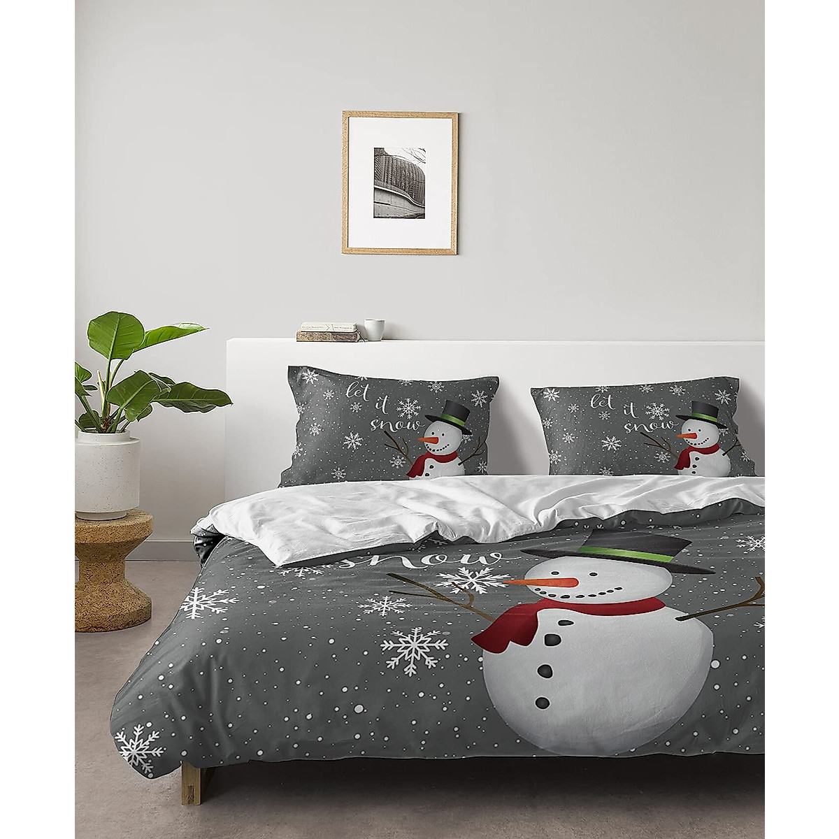 Christmas Snowman 4 Pieces Duvet Cover Queen Bedding Sets,Winter Snowflakes Luxury Soft Comforter Cover Set with Bed Sheet,White Snow Gray Bed Quilt Cover with Pillowcases for Bedroom Decor