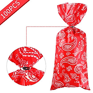 Blulu 100 Pieces Western Bandana Cellophane Bags Red Bandana Print Cello Treat Bags Cookie Candy Bags with 100 Pieces Silver Twist Ties for Western Cowboy Theme Party Favor