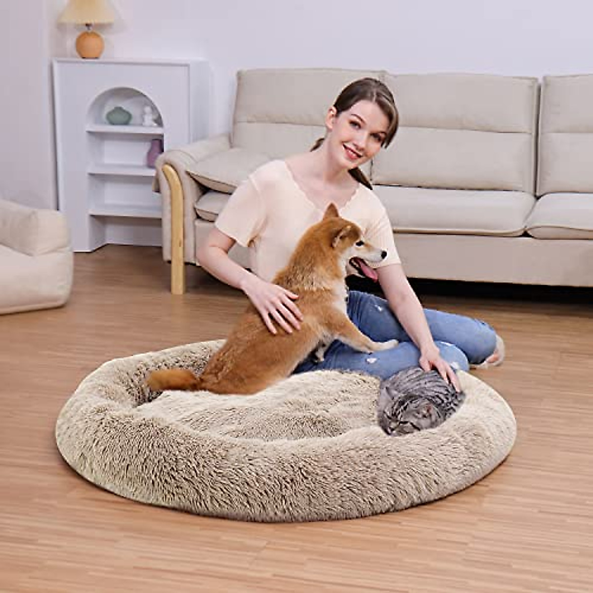 Bonteck Calming Dog Beds for Small Medium Large Dogs - Round Donut Machine Washable Dog Bed, Anti-Slip Faux Fur Fluffy Donut Cuddler Cat Bed, Multiple Sizes S-XL