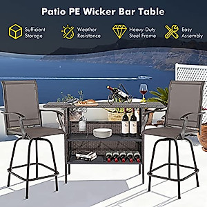 Giantex Outdoor Patio Wicker Bar Table, 2 Storage Shelves, 55''W Tabletop, Rails for Hanging Wine Glasses, Heavy-Duty Metal Frame, Bistro Rattan Bar Counter Table for Poolside Backyard (Mix Brown)