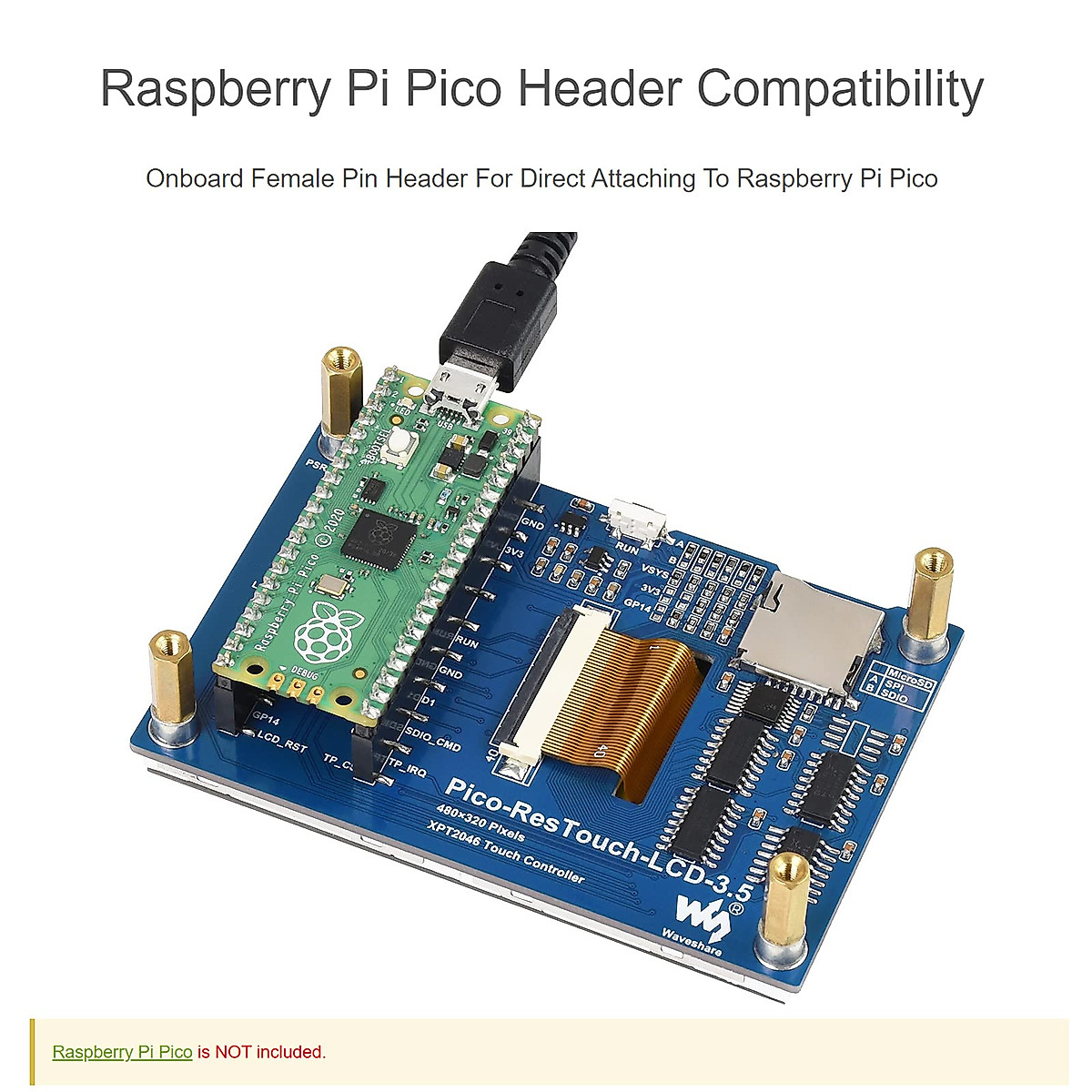 waveshare 3.5 inch LCD Touch Display for Raspberry Pi Pico 480×320 Touchscreen 65K Colors IPS Display SPI Interface for Raspberry Pi Pico