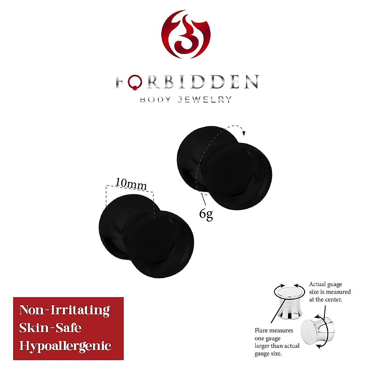 Forbidden Body Jewelry Set of 2G Black Acrylic Ear Gauges, 2 Gauge 6mm Solid Double Flared Saddle Plug Earrings