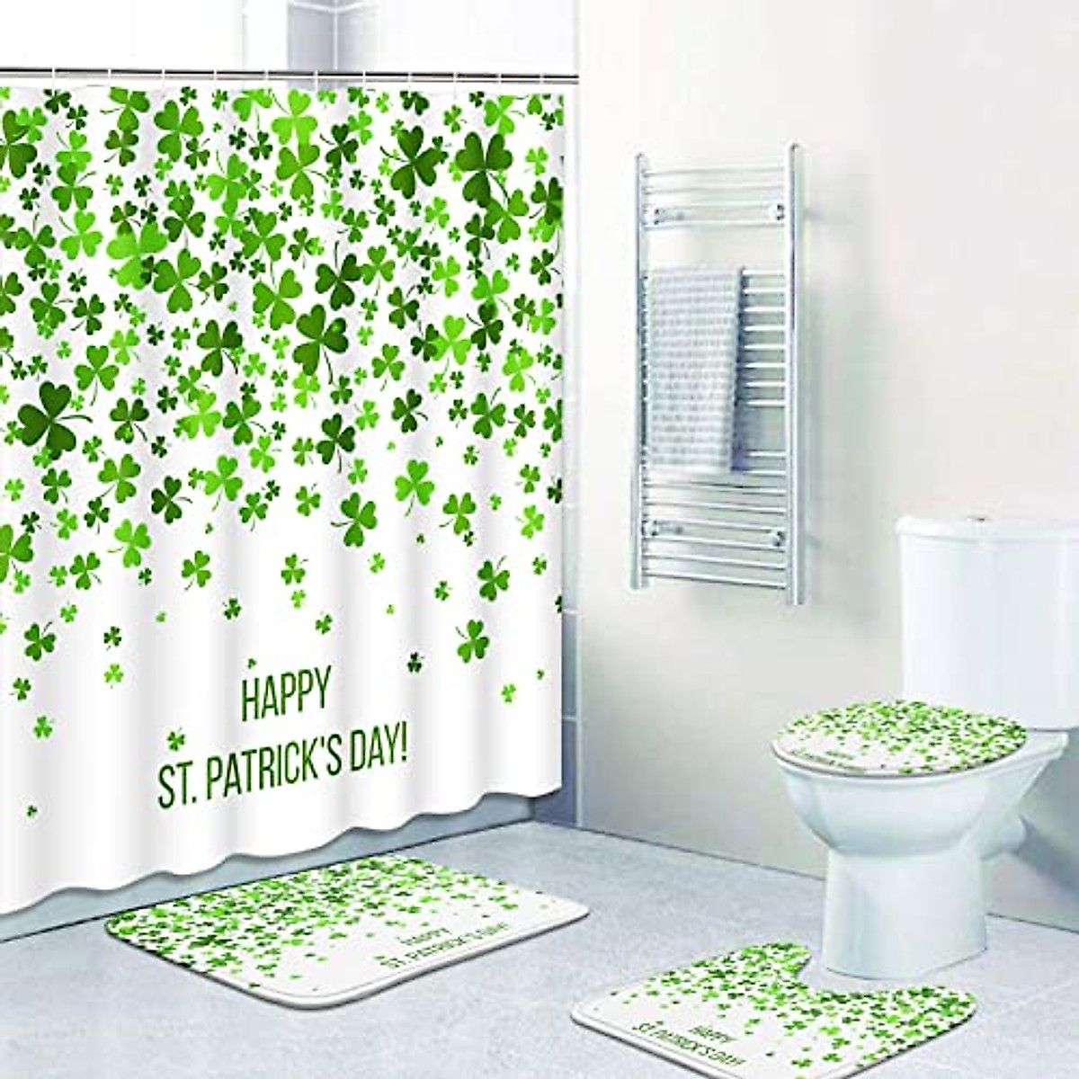 ArtSocket 4 Pcs Shower Curtain Set Happy Saint Patrick Day Green Four Leaf Shamrock Clover with Non-Slip Rugs Toilet Lid Cover and Bath Mat Bathroom Decor Set 72 x 72 inch