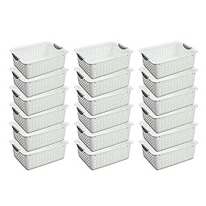 Sterilite Medium Ultra Ventilated Open Top Plastic Storage Organizer Basket with Gray Contoured Carrying Handles, White (18 Pack)