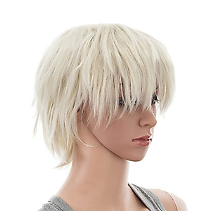 SWACC Unisex Fashion Spiky Layered Short Anime Cosplay Wig for Men and Women (Platinum Blonde)