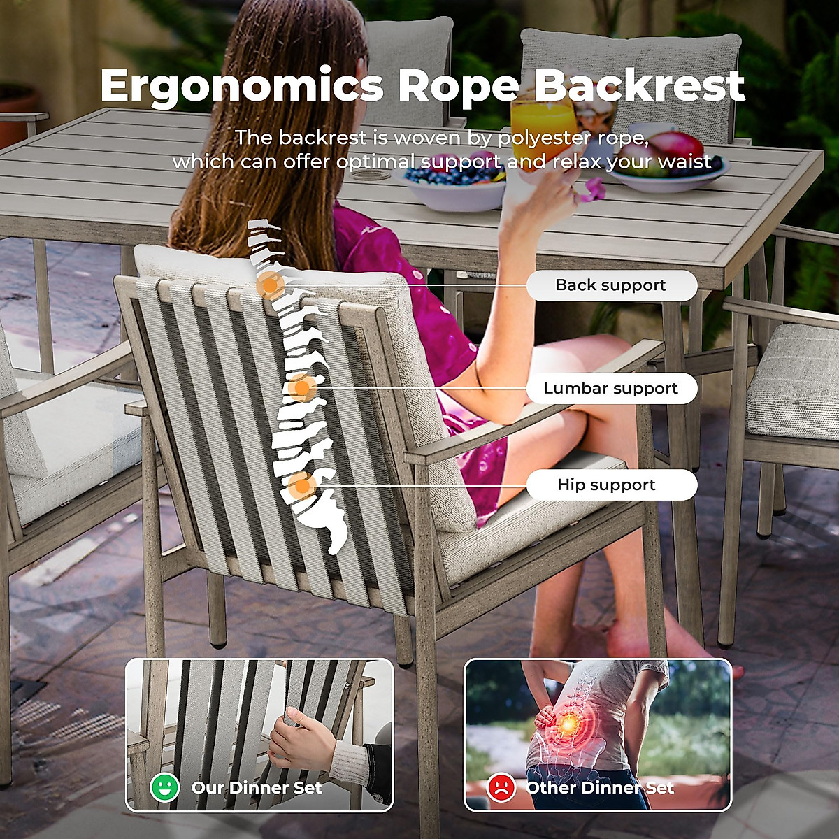 HAPPATIO Aluminum Outdoor Dining Chairs Set - 6 Pieces Aluminum Patio Dining Chairs Outdoor, Cushioned Patio Dining Chair with Rope Design Backrest and Ergonomic Armrest for Porch Backyard Pool, Grey