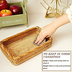 2 Pieces Rattan Toilet Tank Baskets, Handwoven Bathroom Sink Vanity Tray Decor for Counter, Rectangular Wicker Storage Basket Small Serving Trays for Toilet Paper, Towel, Napkin, Bread Organizing