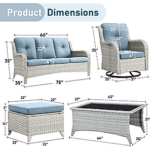 Wicker Outdoor Conversation Set-6 Pieces Outdoor Wicker High Back Couch with Swivel Rocker Chairs Patio Furniture for Deck Poolside Backyard-Light Grey/Light Blue