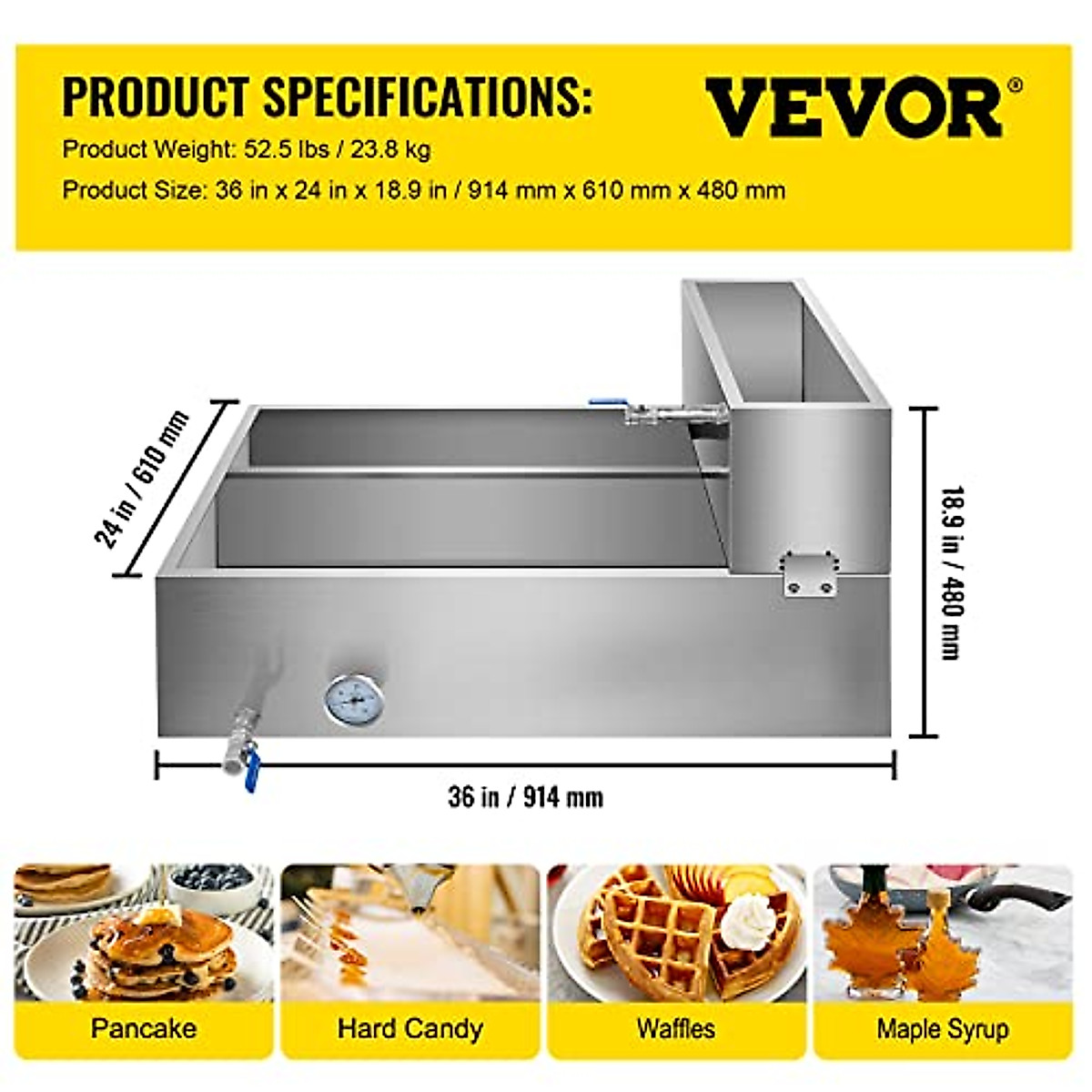VBENLEM Maple Syrup Evaporator Pan 36x24x18.5 Inch Stainless Steel Maple Syrup Boiling Pan with Valve and Thermometer and Divided Pan and Feed Pan