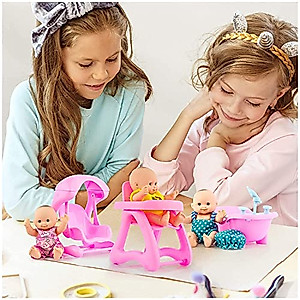 Liberty Imports 6 Pack: Mini Baby Newborn Dolls Collection - Includes Cradle, High Chair, Walker, Swing, Bathtub and Infant Seat, Pretend Toys Playset for Kids